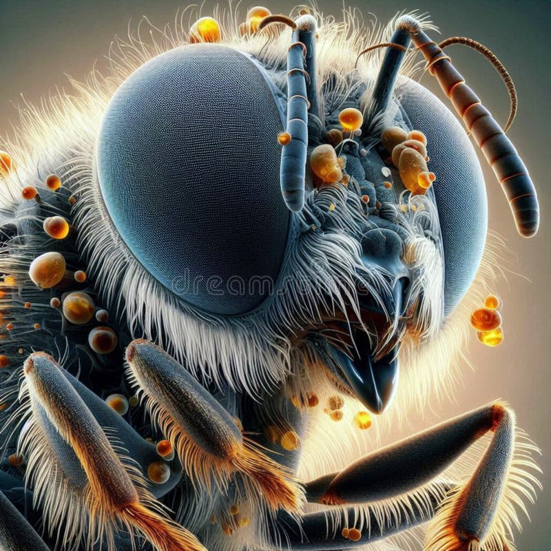 Bee Under Microscope Macro Portrait, Isolated on Black Background Stock ...