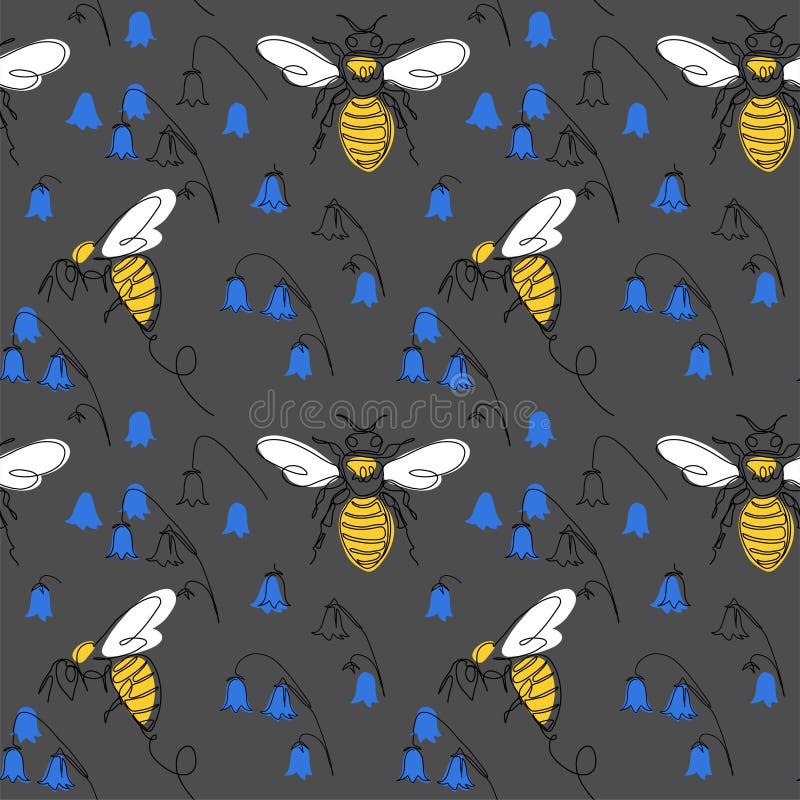 Bee Vector Pattern with Blue Flowers on Grey Background for Texture ...