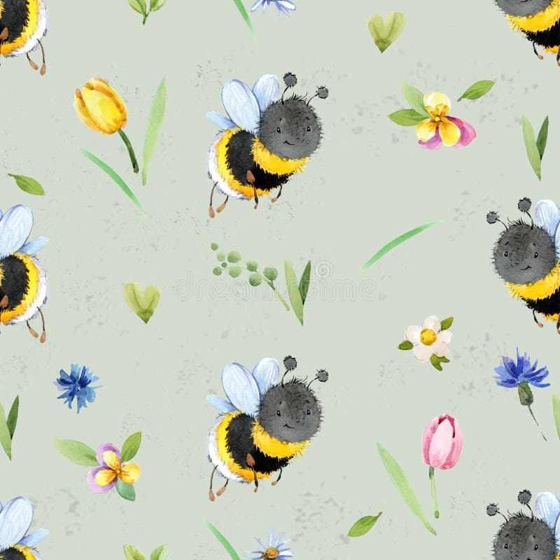 Bee Watercolor Illustration Baby Seamless Pattern Stock Illustration ...