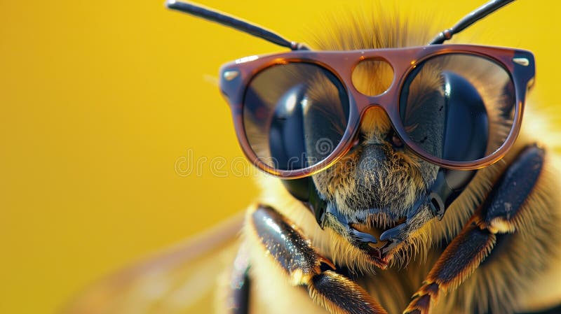 Close Up of a Bee Wearing Sunglasses on a Yellow Background. Macro ...