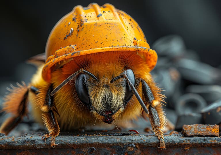 Bee is Wearing Yellow Construction Helmet Stock Image - Image of fauna ...
