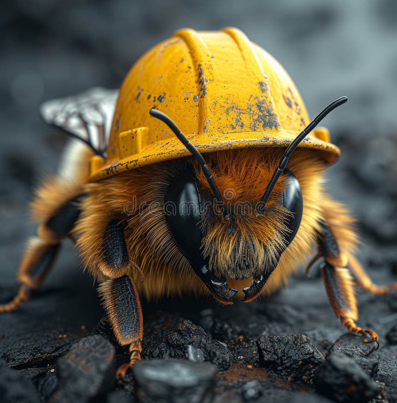 Bee Wearing Yellow Hard Hat Stock Photo - Image of hymenoptera, head ...