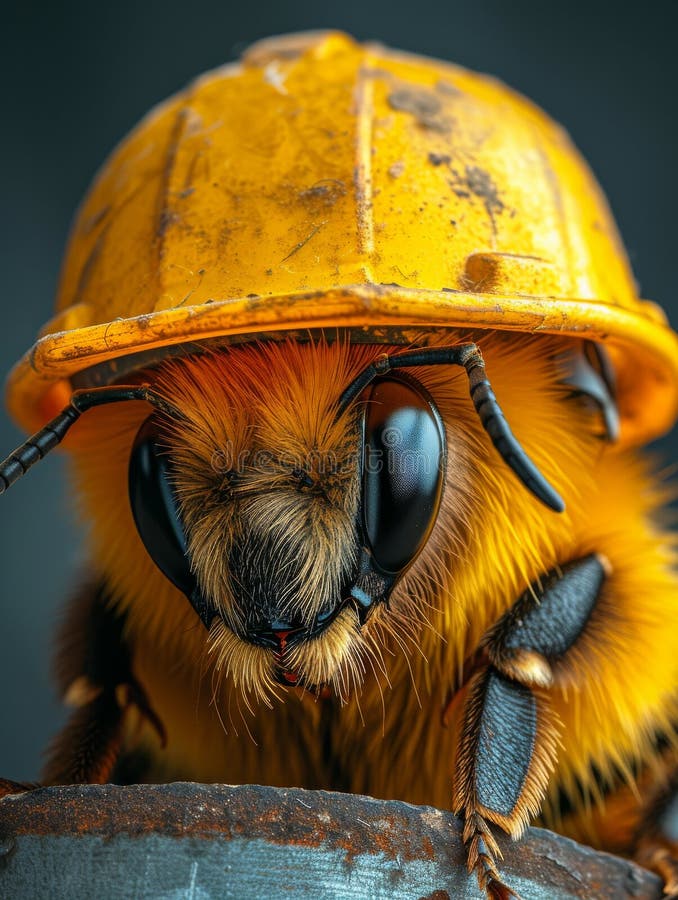 Bee is Wearing Yellow Hard Hat. Bee Wearing Hard Hat on a Dark Table ...