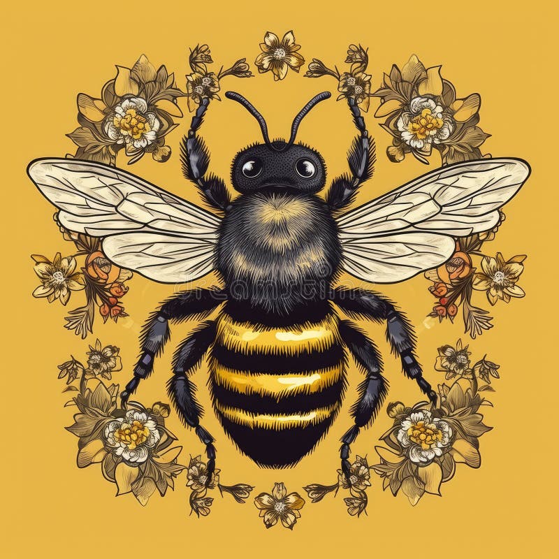 Bee, Which is Positioned in Center of an Artistic Design. the Bee Has ...