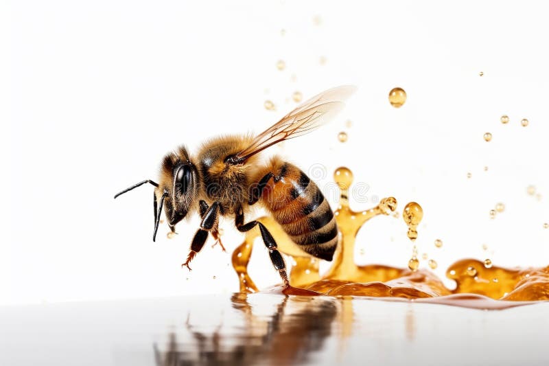 Bee on a White Background with Drips of Honey, Emphasizing the ...
