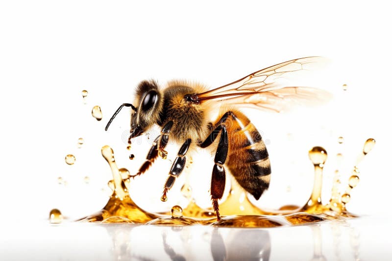 Bee on a White Background with Drips of Honey, Emphasizing the ...