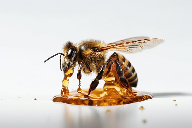 Bee on a White Background with Drips of Honey, Emphasizing the ...