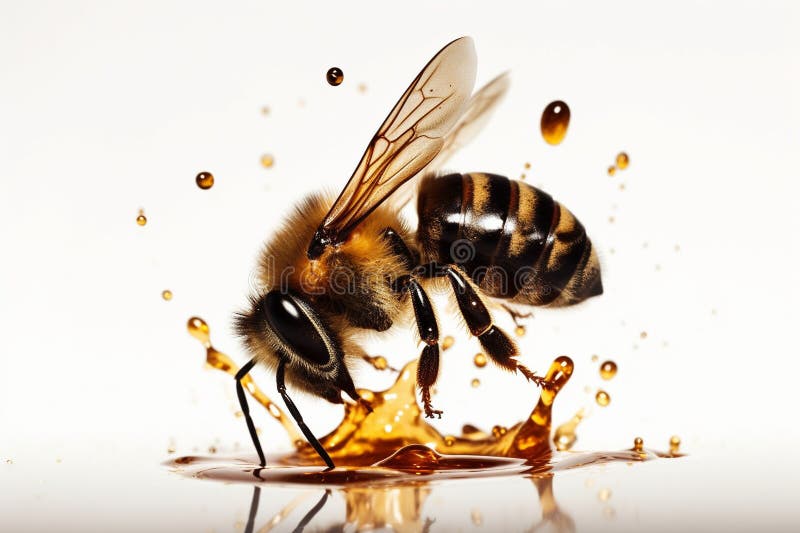 Bee on a White Background with Drips of Honey, Emphasizing the ...