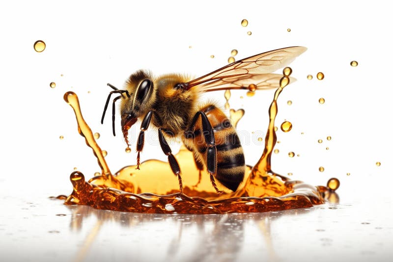 Bee on a White Background with Drips of Honey, Emphasizing the ...