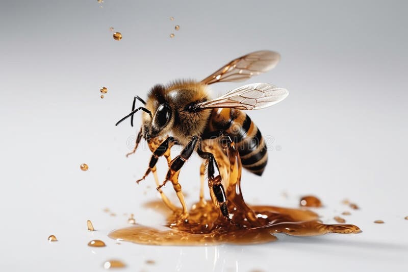 Bee on a White Background with Drips of Honey, Emphasizing the ...