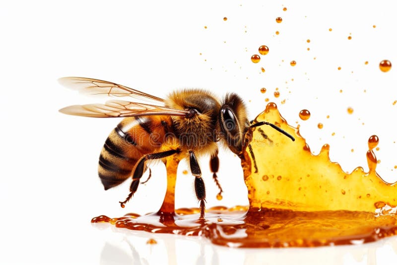 Bee on a White Background with Drips of Honey, Emphasizing the ...