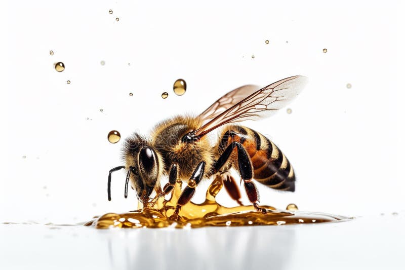 Bee on a White Background with Drips of Honey, Emphasizing the ...
