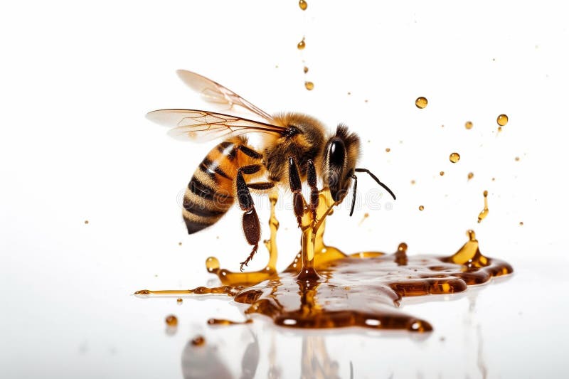 Bee on a White Background with Drips of Honey, Emphasizing the ...