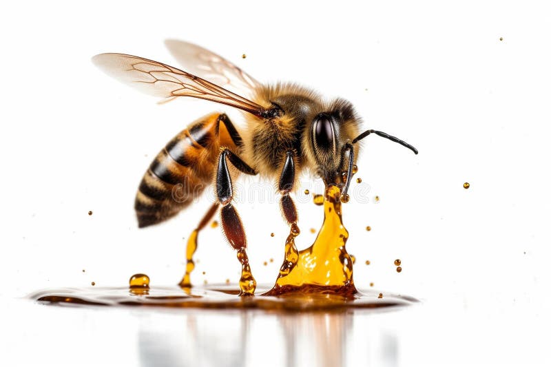 Bee on a White Background with Drips of Honey, Emphasizing the ...