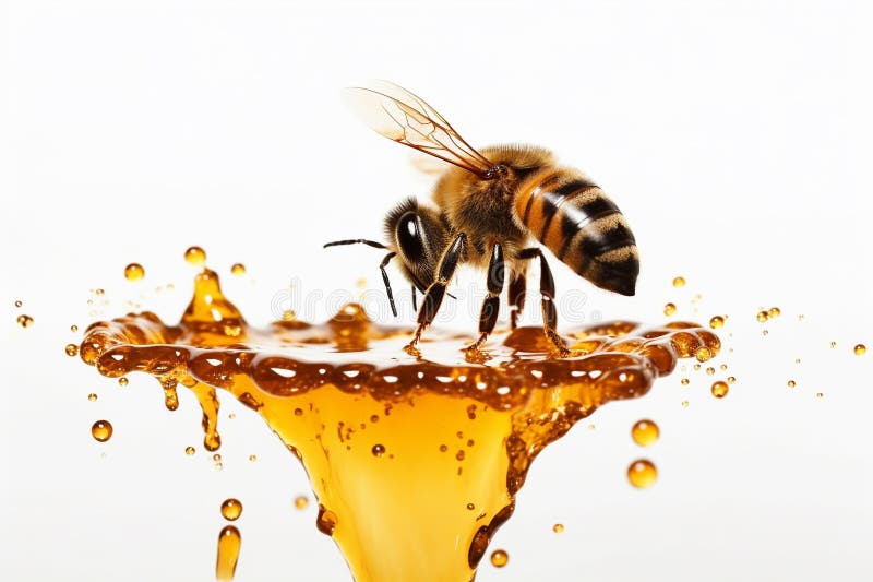 Bee on a White Background with Drips of Honey, Emphasizing the ...