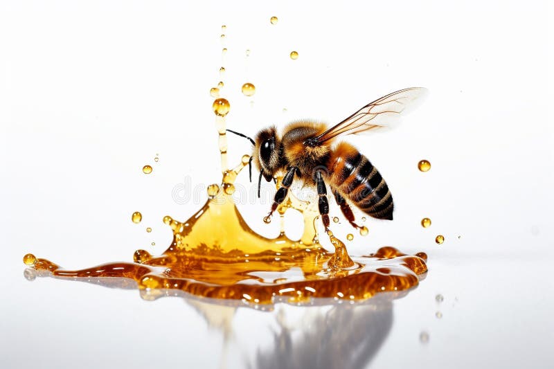 Bee on a White Background with Drips of Honey, Emphasizing the ...