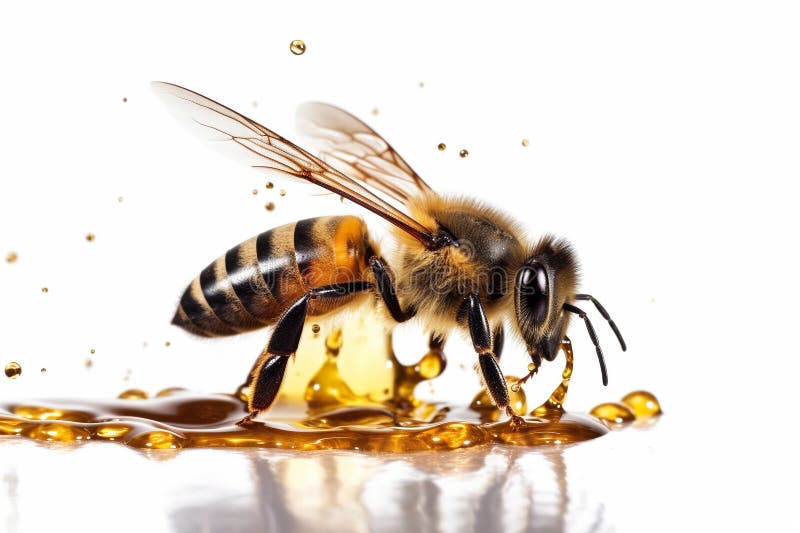 Bee on a White Background with Drips of Honey, Emphasizing the ...