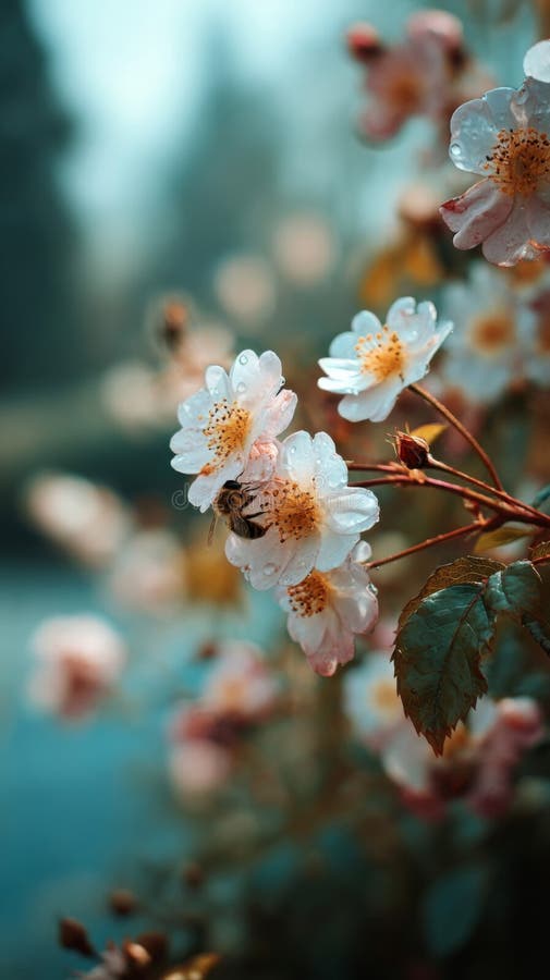 Bee on White and Pink Flowers in Spring Stock Illustration ...