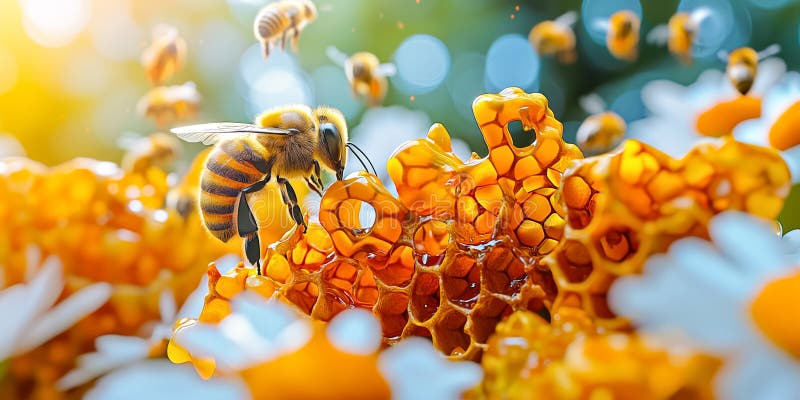 Bee at Work on Golden Honeycomb. May 20, World Bee Day Stock ...