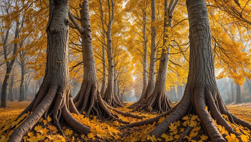 Beech Tree Canopy Shimmers Yellow Above Roots Covered in Soft Dry ...
