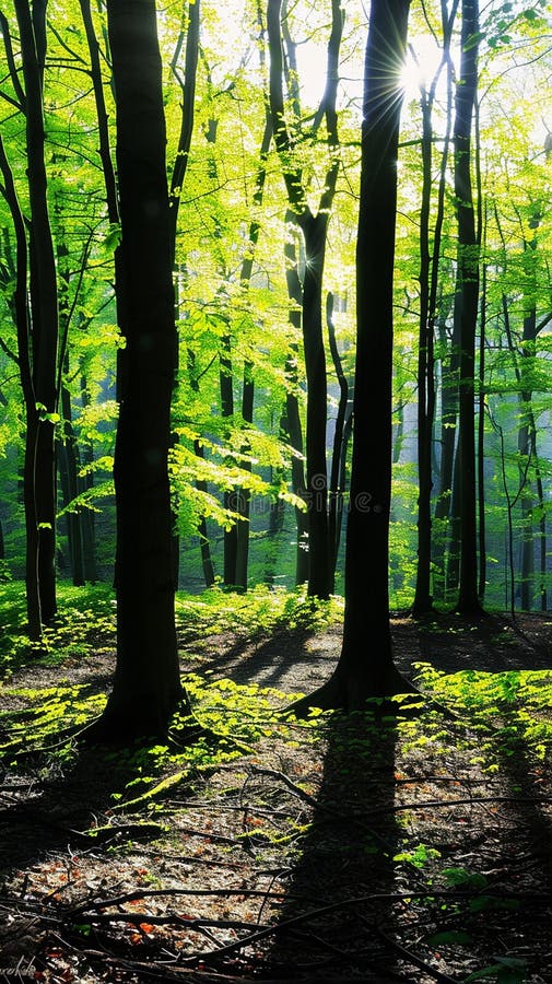 Beech Trees Forest in Early Spring from Below Fresh Sunlight Stock ...