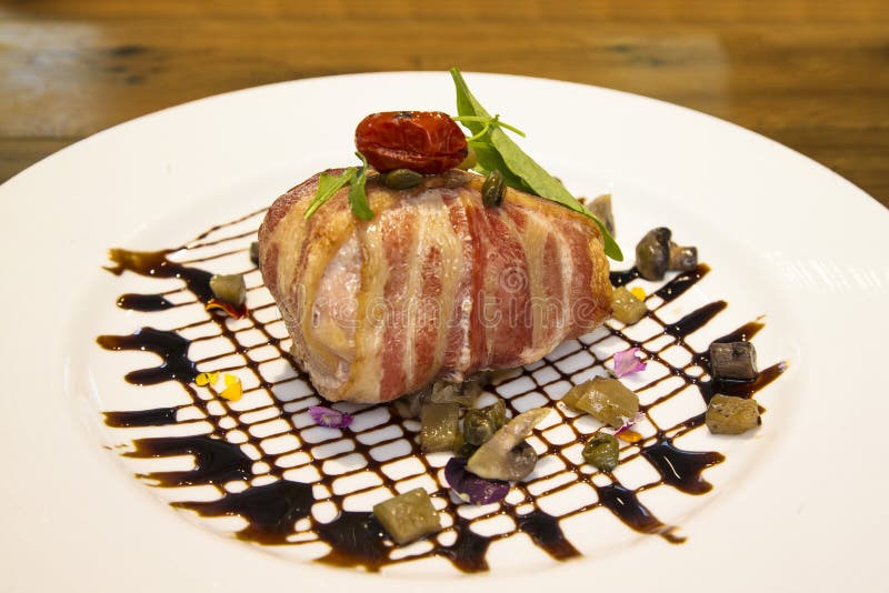 Beef with bacon stock photo. Image of meat, platter - 136355004