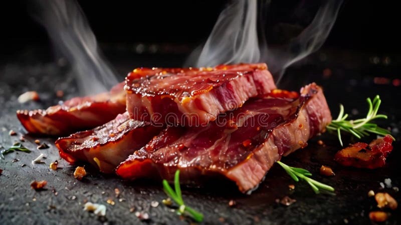 Beef Bacon with Steaming Hot Stock Footage - Video of cooked, beef ...