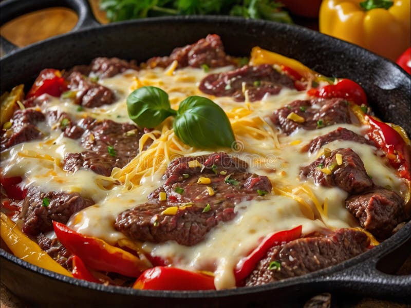 Beef and Bell Pepper Skiffle, with Lots of Cheese on Top in the Pan ...