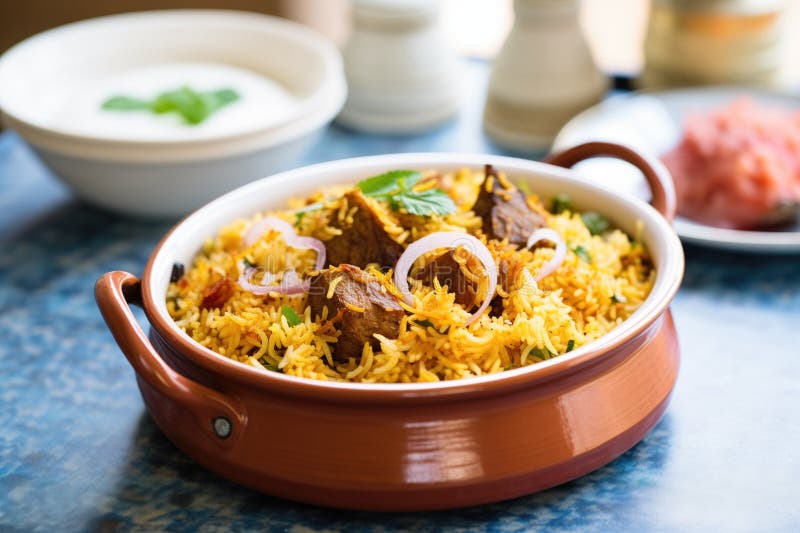 Beef Biryani in a Serving Bowl with Fried Onions on Top Stock Photo ...