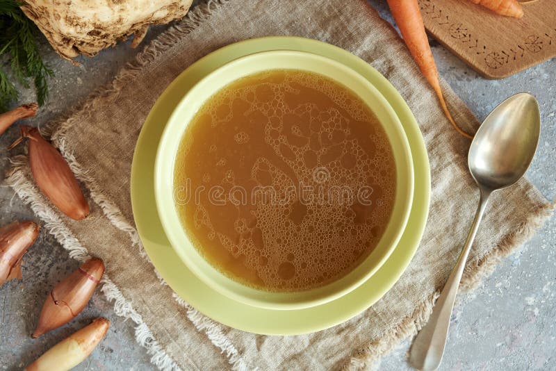 Beef Bone Broth or Soup on a Table, Top View Stock Photo - Image of ...