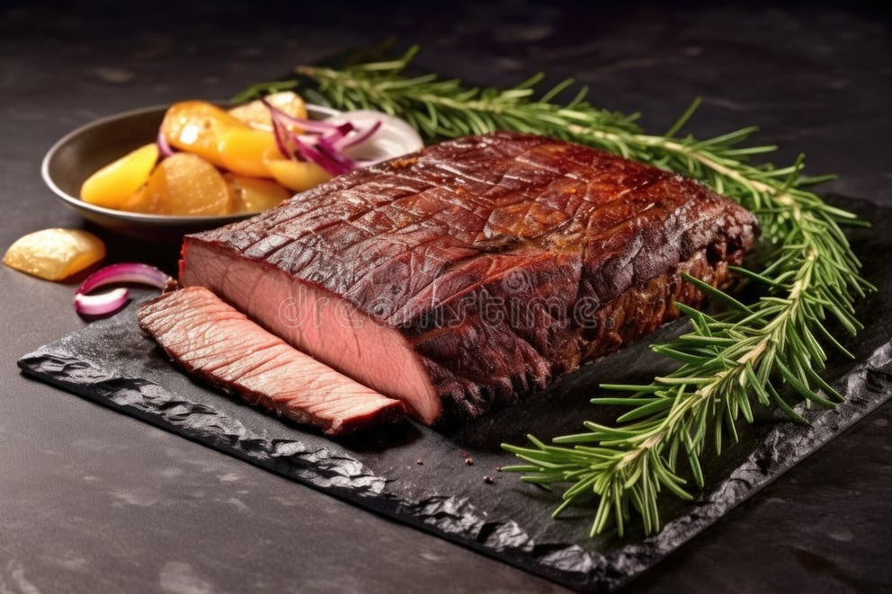 Beef Brisket with Bbq Garnish on a Stone Slate Stock Photo - Image of ...