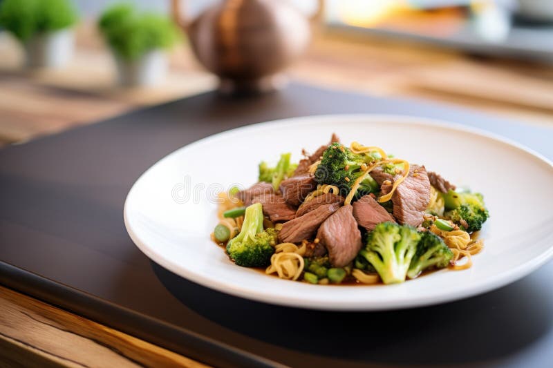 Beef and Broccoli on a Plate with a Side of Noodles Stock Image - Image ...