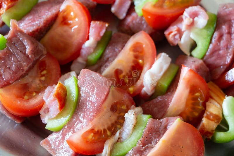 Beef brochettes on a dish stock image. Image of pewter - 197579887