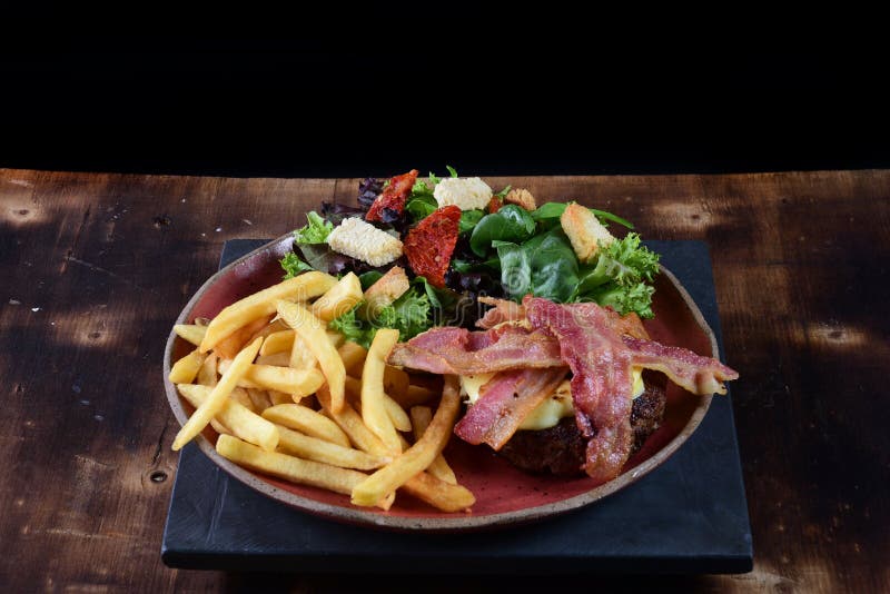 Beef Burger with Bacon Fries and Salad Fast Food Stock Image - Image of ...