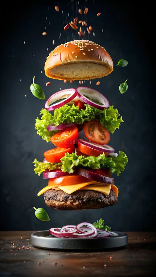 Beef Burger with Flying Ingredients on a Black Background Stock ...