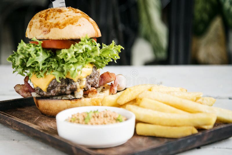 Beef Burger with Fries and Mustard Sauce Set Meal Stock Photo - Image ...