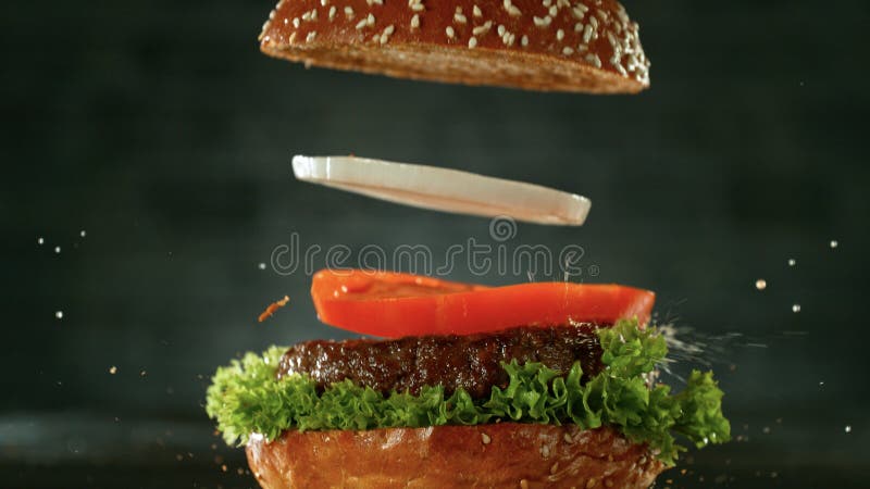 Beef Burger Ingredients Falling Stock Image - Image of american ...