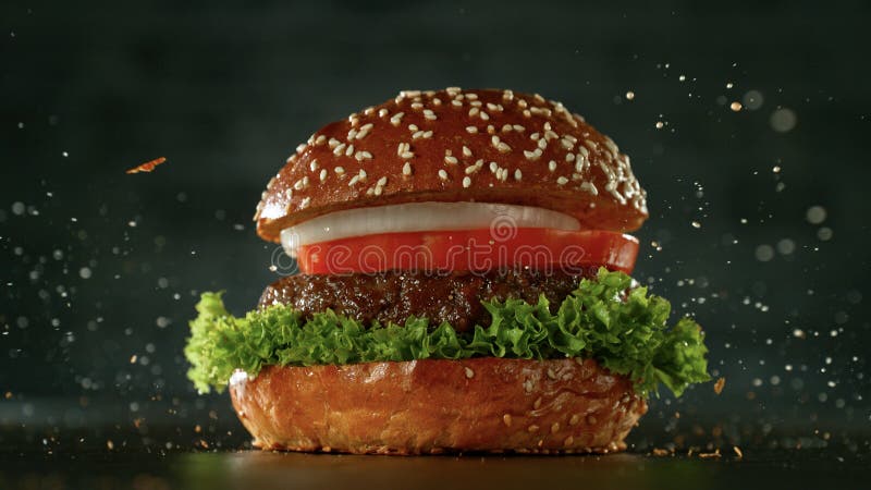 Beef Burger Ingredients Falling Stock Photo - Image of food, pieces ...