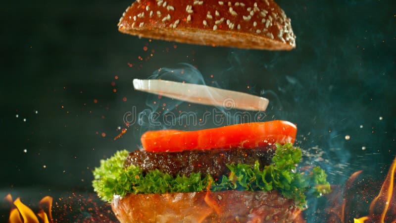 Beef Burger Ingredients Falling Stock Image - Image of paper, lunch ...