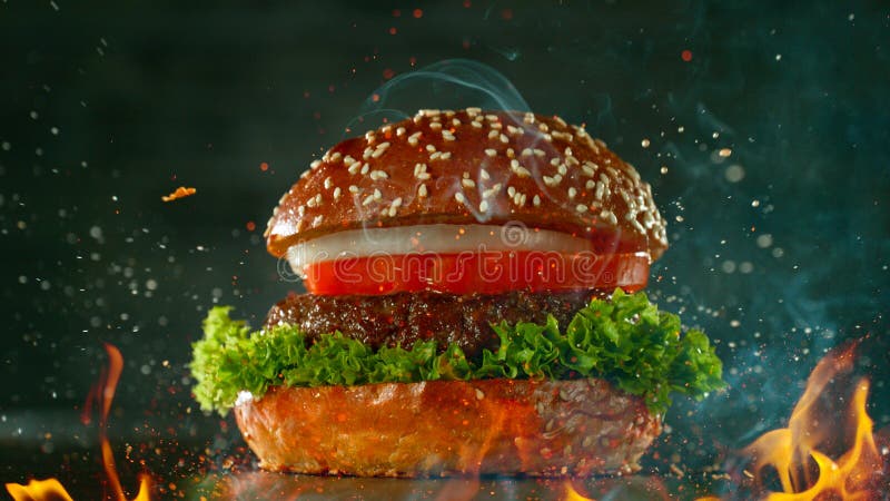 Gourmet Burger Falling Ingredients Fire Background Stock Photos - Free ...