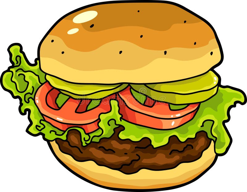 Beef Burger with Lettuce, Tomato, Pickles and Bun Stock Vector ...