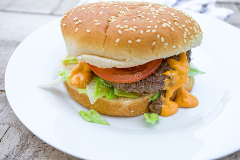 Beef burger on a plate stock image. Image of unhealthy - 161289017