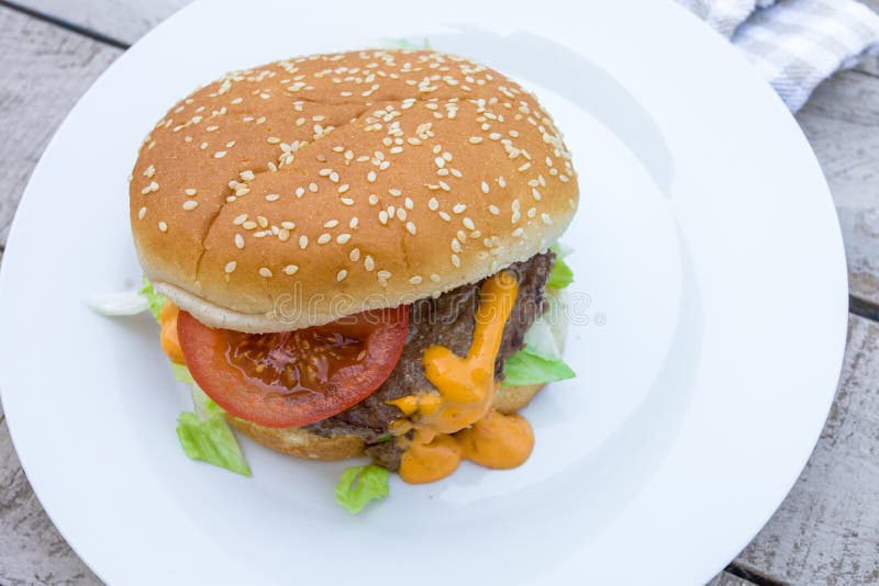Beef burger on a plate stock photo. Image of american - 161289018