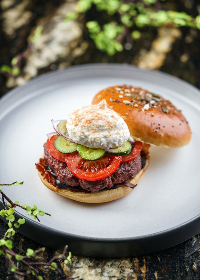 Beef Burger with Poached Egg or Eggs Benedict, Tomatoes, Cucumbers ...