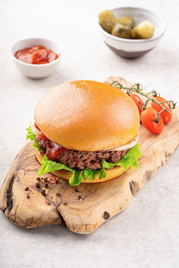 Beef Burger on Wooden Plate Stock Photo - Image of food, american ...