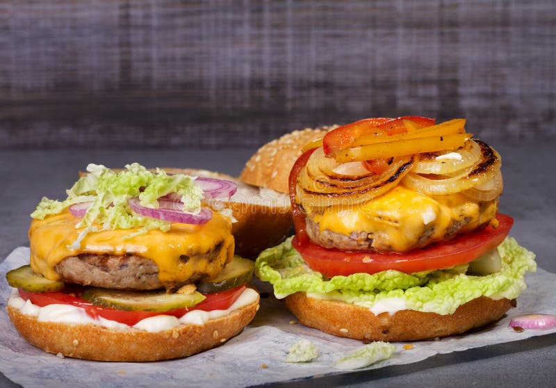 Beef Burgers with Red, Yellow Peppers, Napa Cabbage and Cheddar. Stock ...
