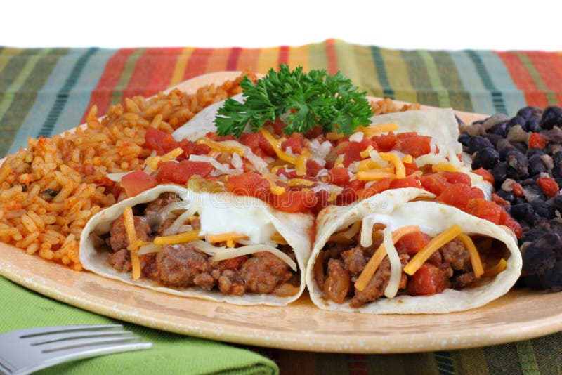 Beef Burrito Dinner with Rice and Black Beans. Stock Image - Image of ...