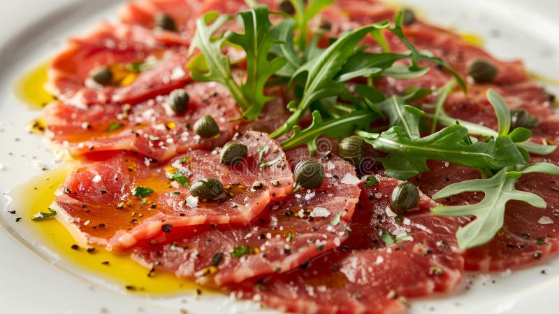 Beef Carpaccio with Arugula, Capers, and Olive Oil. Stock Photo - Image ...