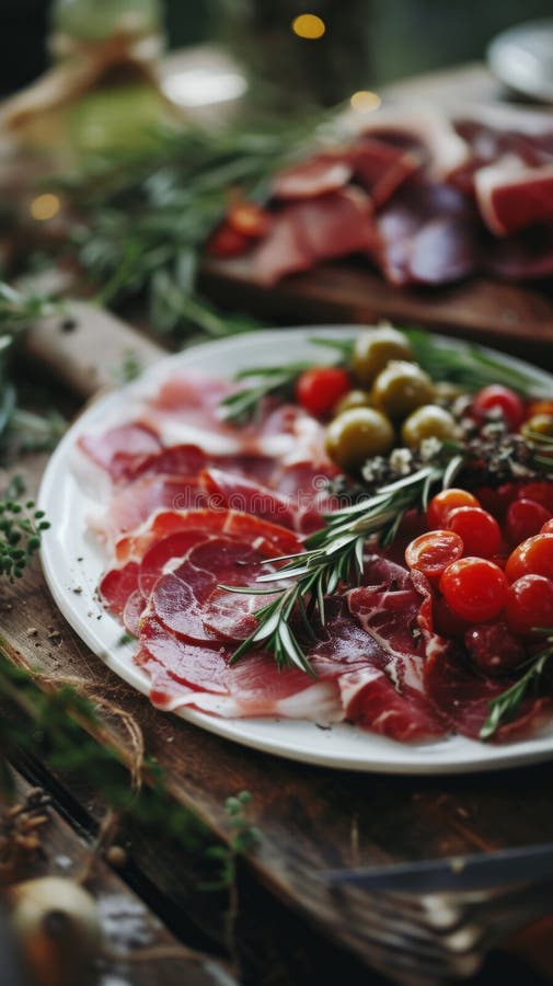 Beef Carpaccio Cold Appetizer with Parmesan and Arugula on Plate. Black ...
