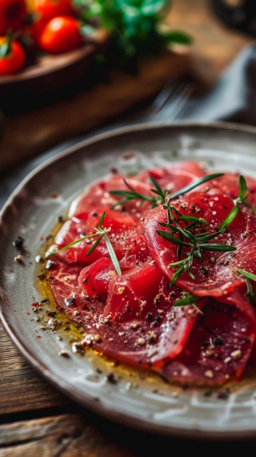 Beef Carpaccio Cold Appetizer with Parmesan and Arugula on Plate. Black ...